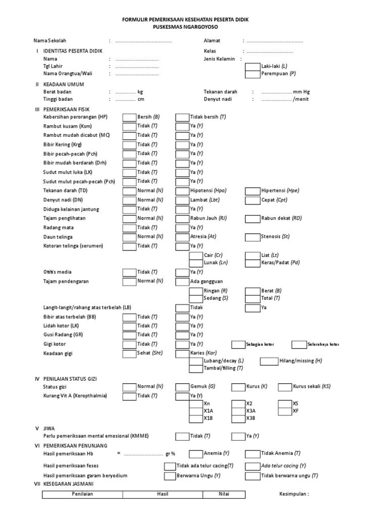 Formulir Penjaringan Kesehatan Anak Sekolah SD, SLTP | PDF