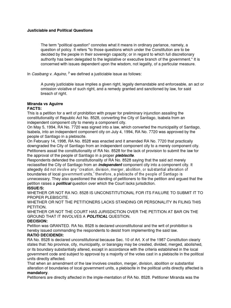 Justiciable and Political Questions | PDF | United States Constitution ...