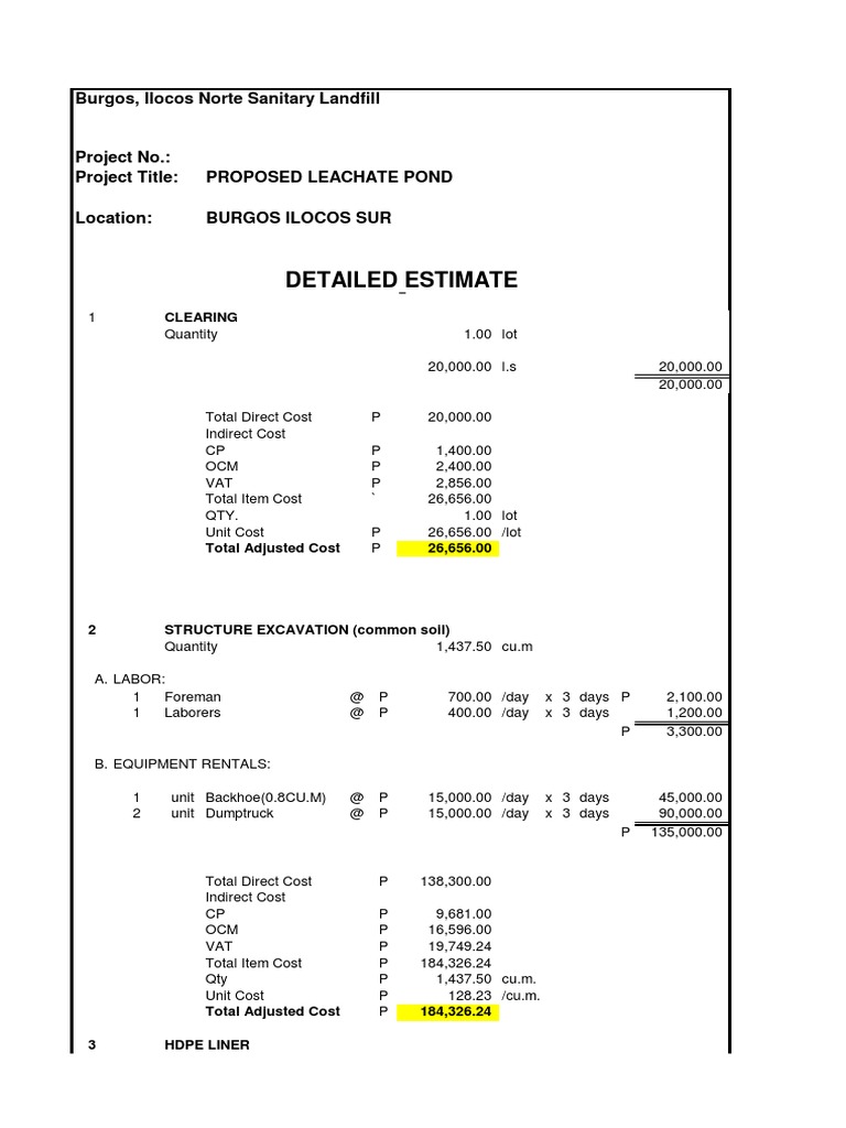 Excavation Cost for Leachate Pond | PDF | Production And Manufacturing ...