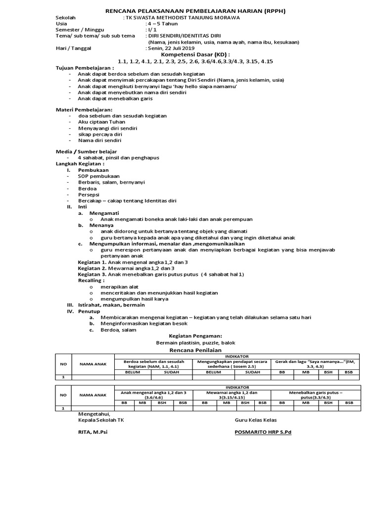 RPPH Tema Diri Sendiri 2018-2019 | PDF