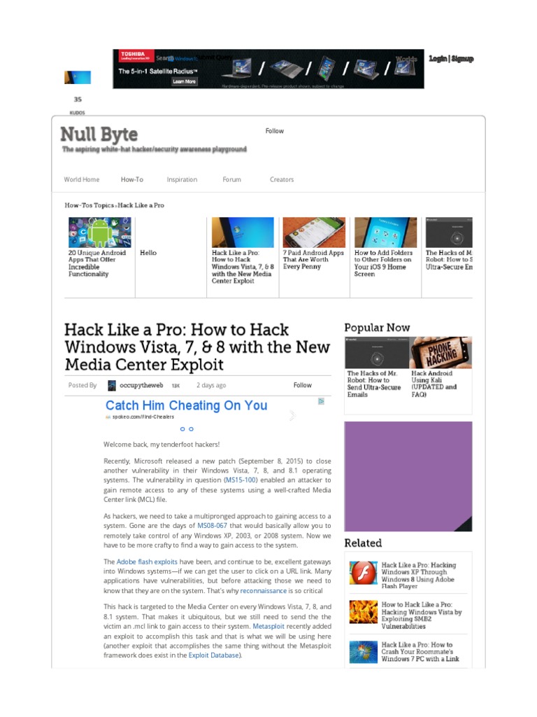 Hack Like A Pro How To Hack Windows Vista 7 & 8 With The New | PDF ...