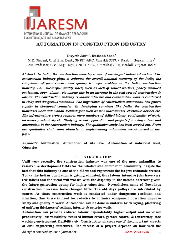 Automation in Construction Industry | PDF | Automation | Machines
