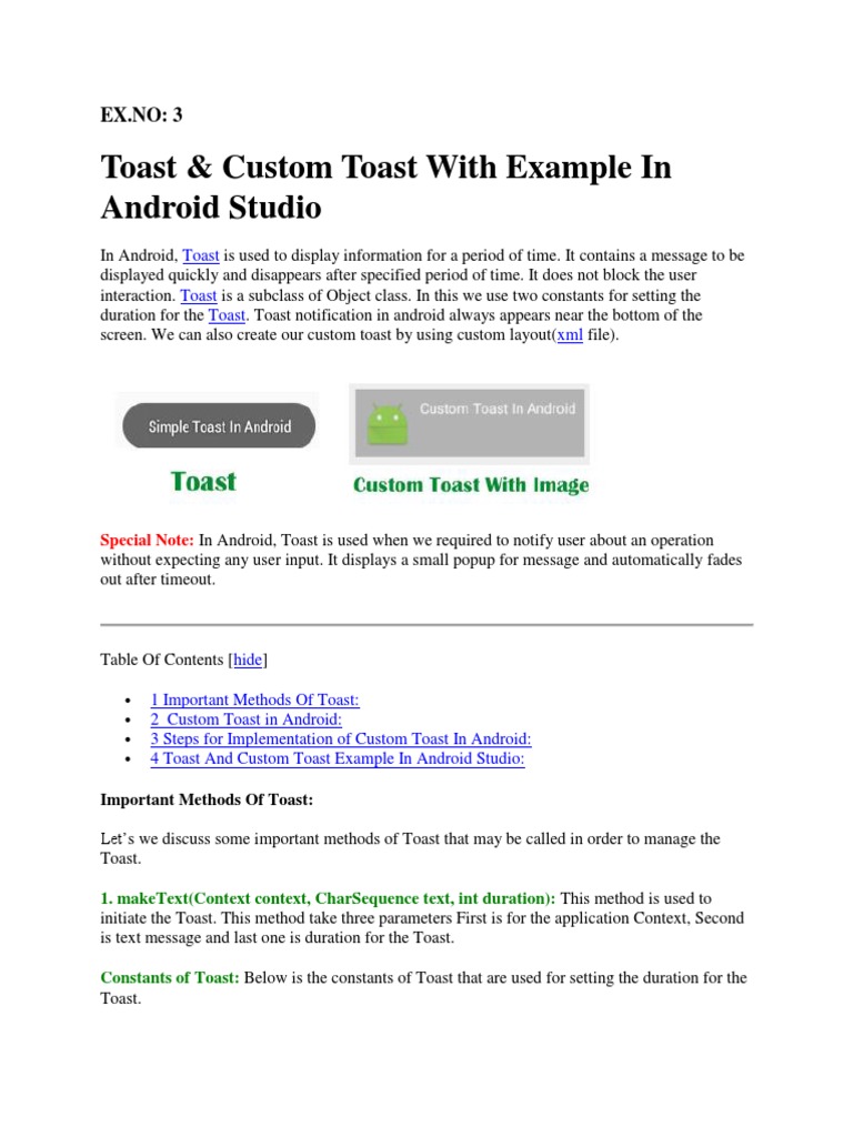 Toast & Custom Toast With Example in Android Studio: EX - NO: 3 | PDF ...