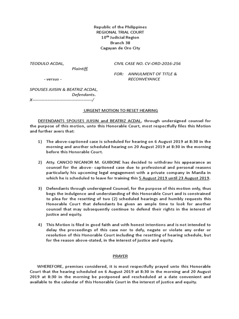 Motion For Postponement - Acdal.2019 | PDF | Virtue | Justice
