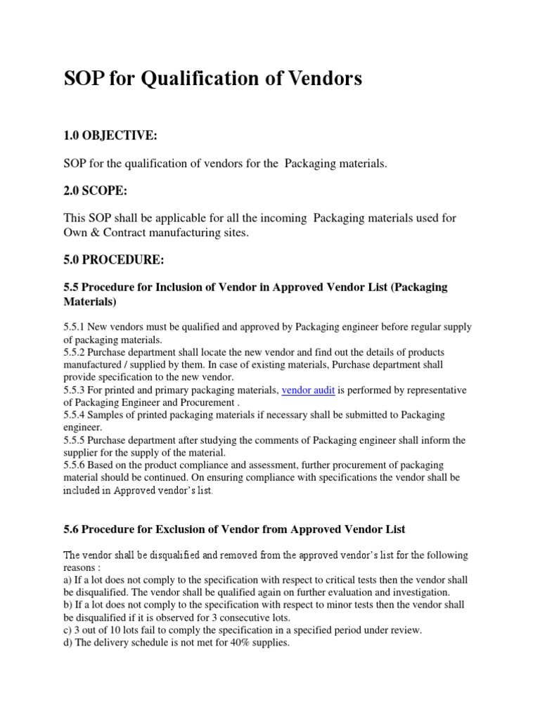 SOP For Qualification of Vendors | PDF | Quality Assurance | Audit