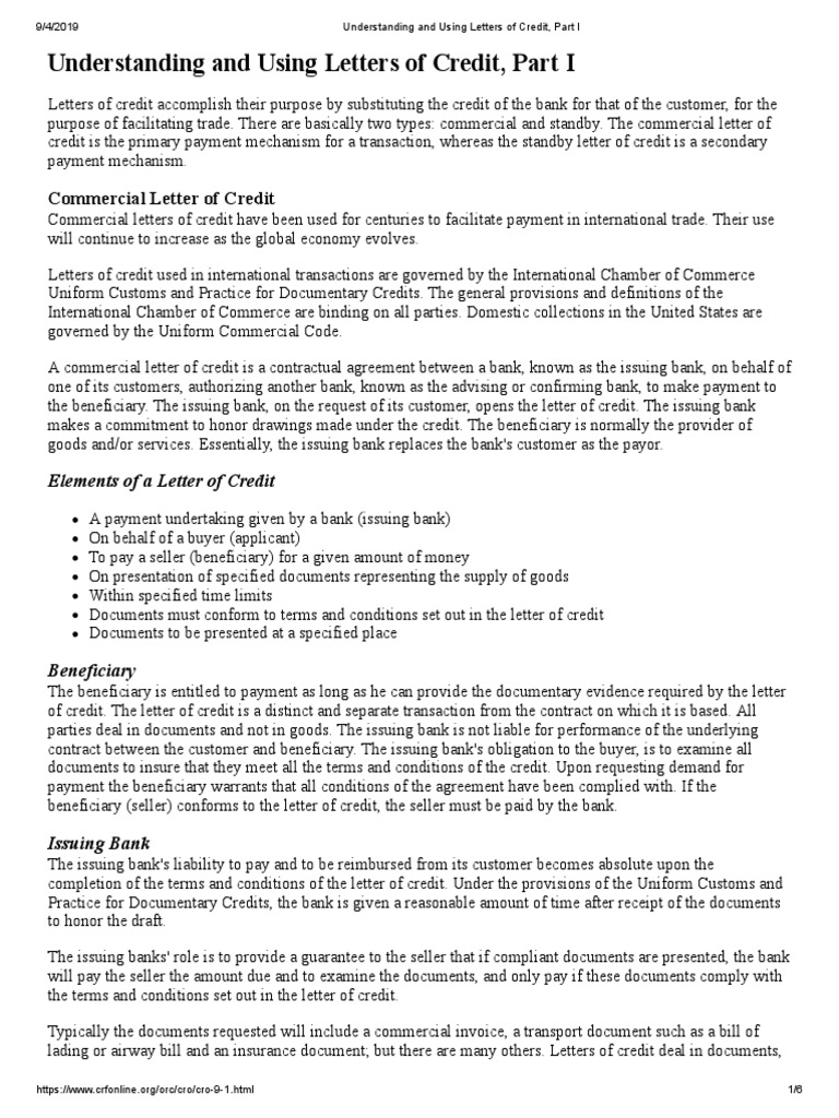 Understanding and Using Letters of Credit, Part I | PDF | Letter Of ...