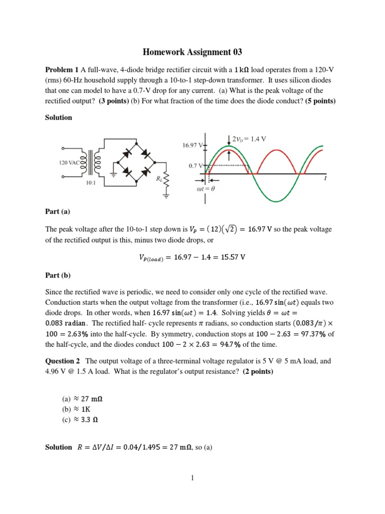 Homework Assignment 03: Problem 1 A Full-Wave, 4-Diode Bridge Rectifier Circuit With A | PDF ...