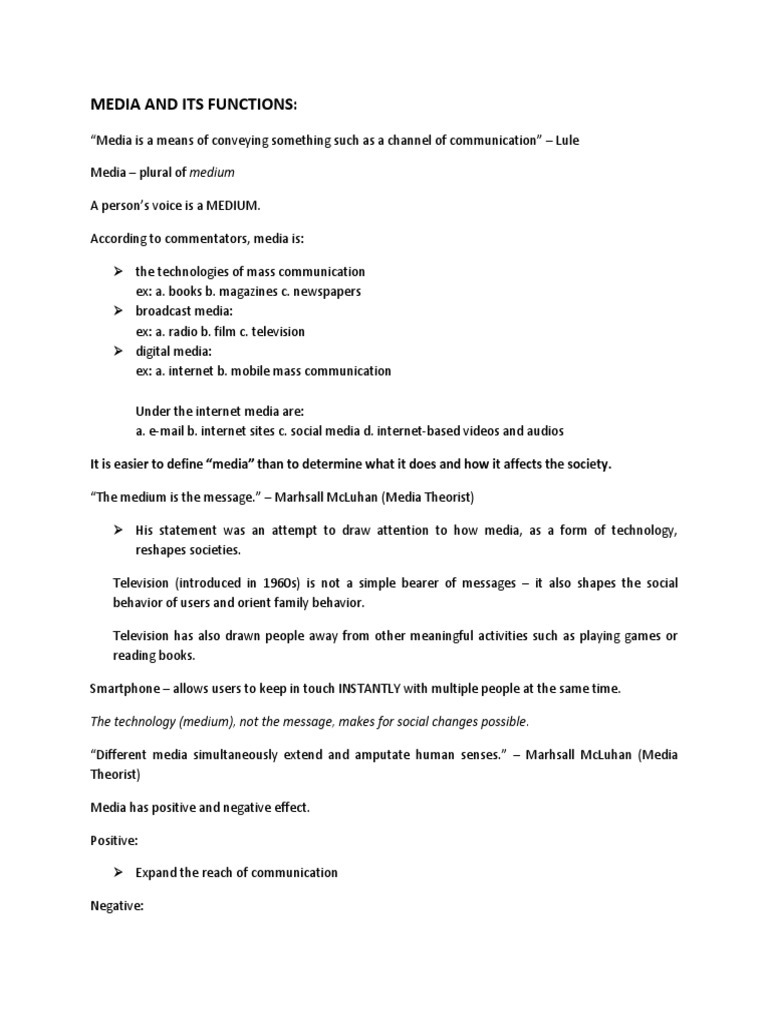 Media and Its Functions:: It Is Easier To Define "Media" Than To ...