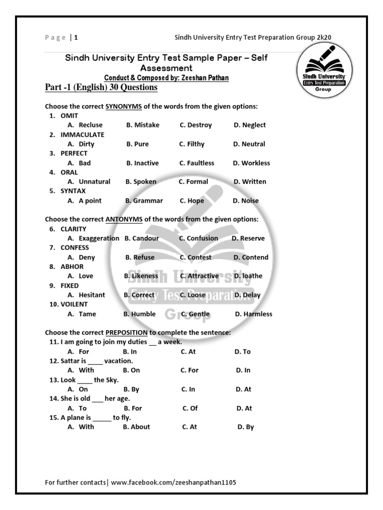 Sindh University Entry Test Preparation: Sample Paper for English ...