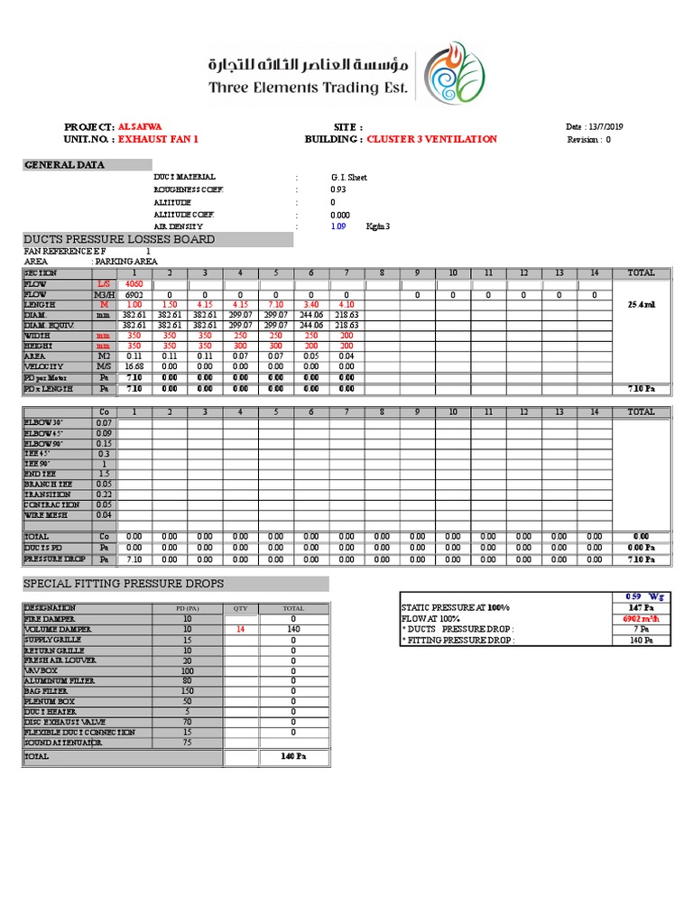 Fan Static Head Calculation Sheet | PDF | Duct (Flow) | Equipment