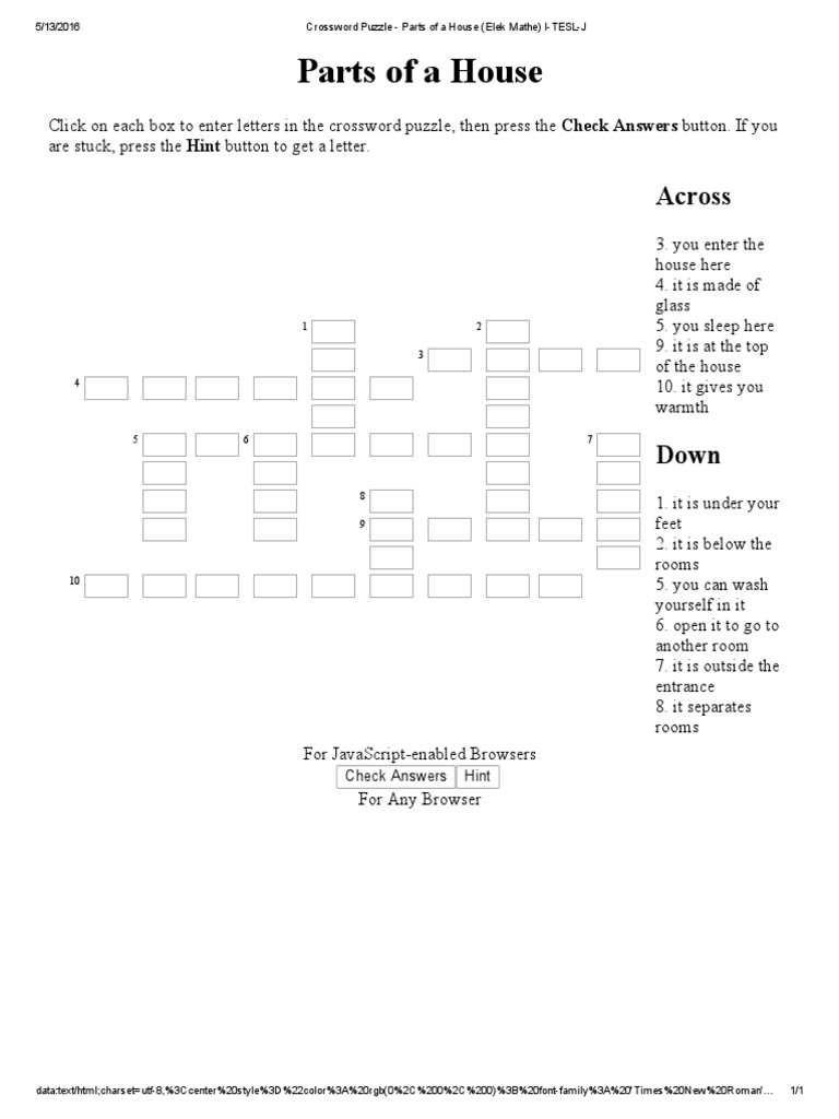 Crossword Puzzle - Parts of A House (Elek Mathe) I-TESL-J PDF | PDF ...
