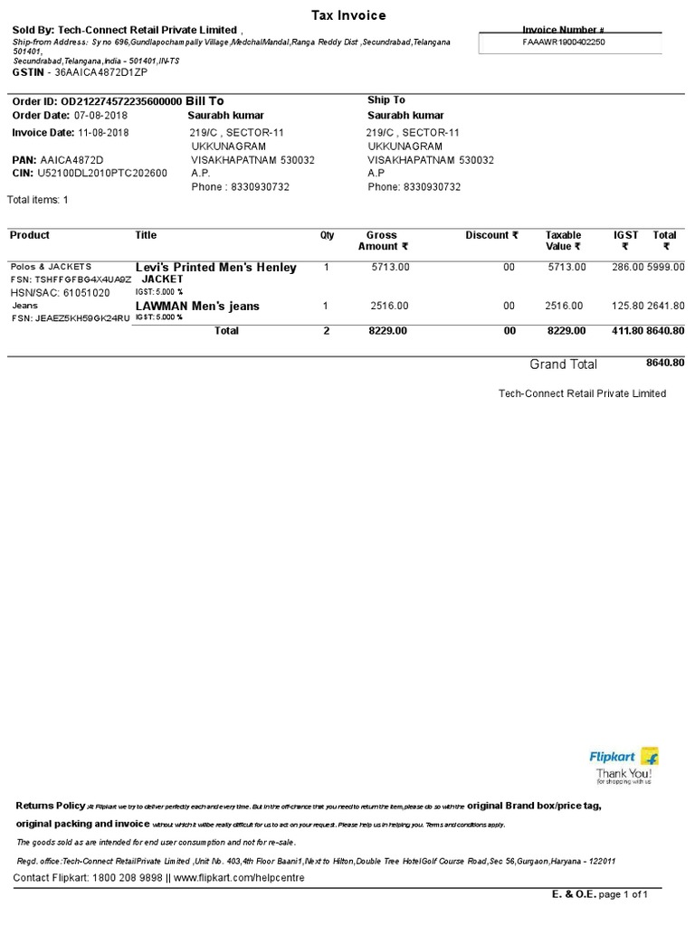 Bill To: Levi's Printed Men's Henley Men's Jeans | PDF | Invoice | Payments