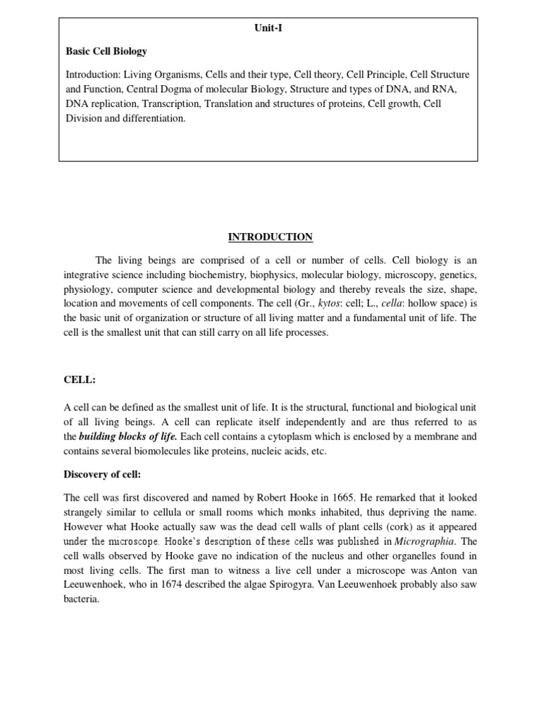 Unit-I Basic Cell Biology | PDF | Dna Replication | Rna