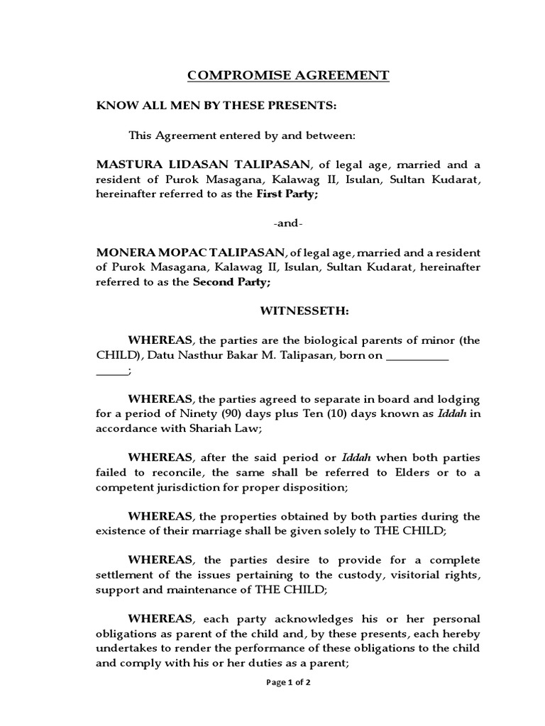 Compromise Agreement: Page 1 of 2 | PDF | Child Custody | Government ...