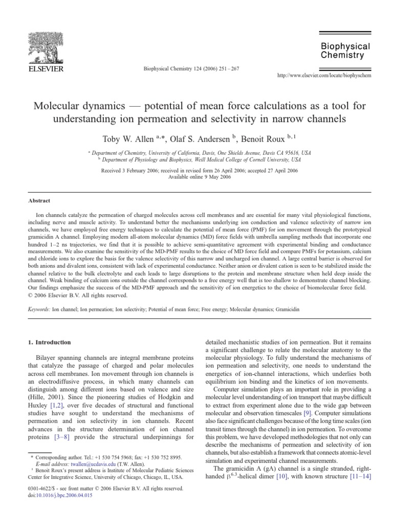 Molecular Dynamics - Potential of Mean Force Calculations As A Tool For ...