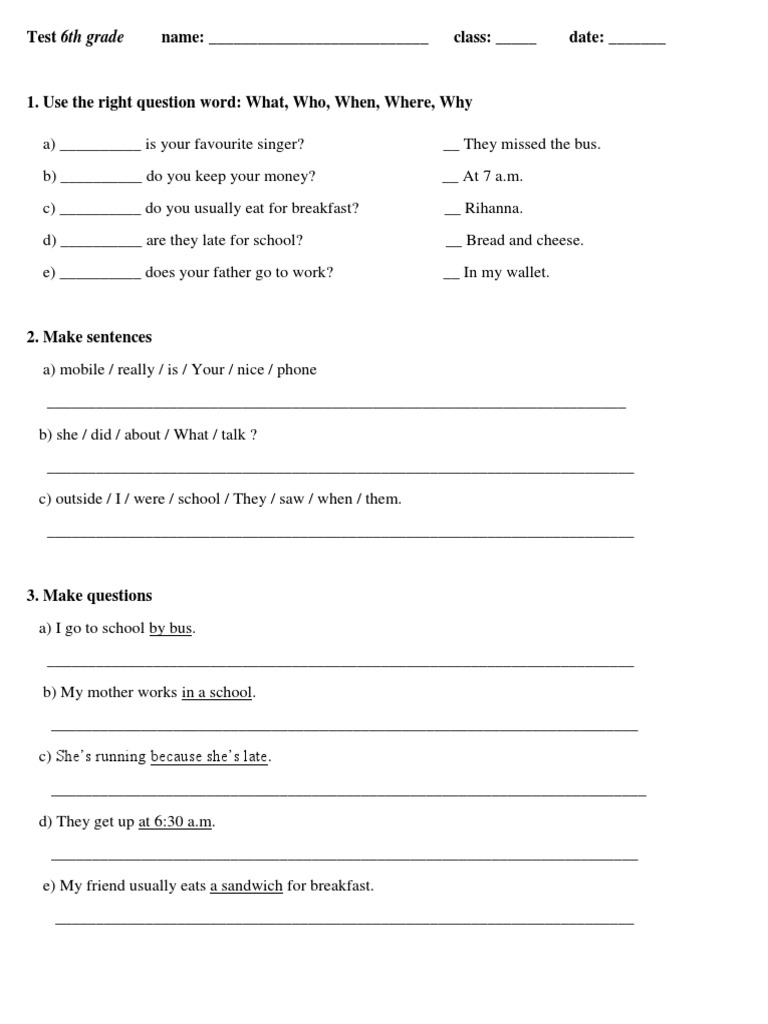 Test 6th Grade Name: - Class: - Date | PDF