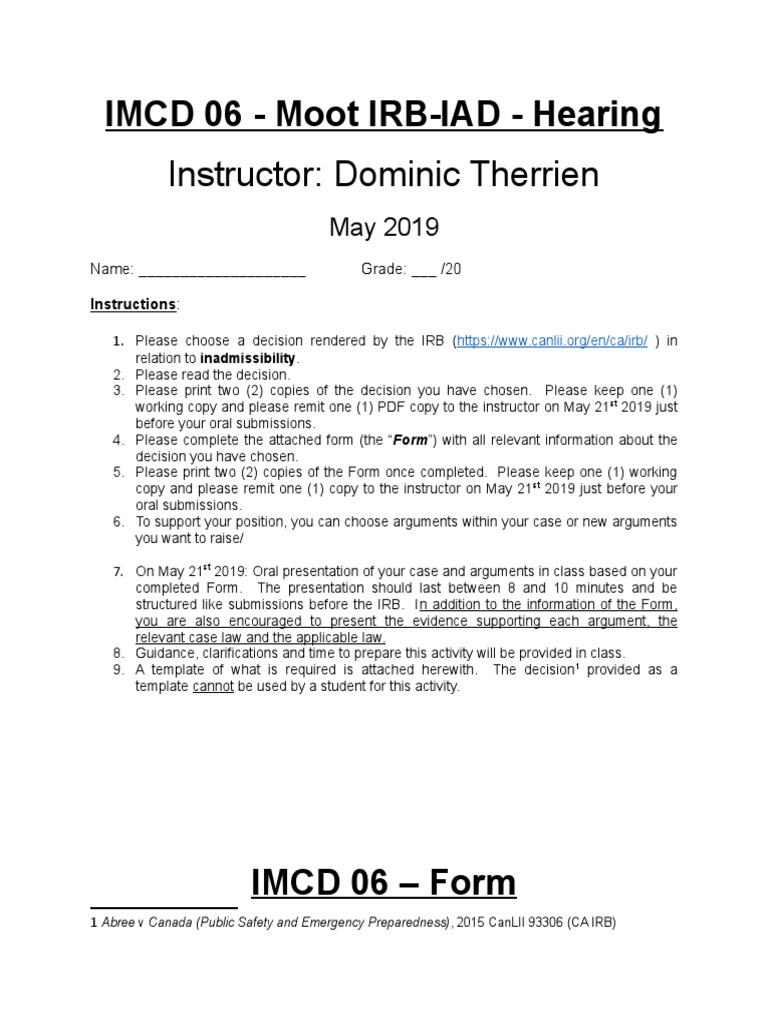 Instructor: Dominic Therrien: IMCD 06 - Moot IRB-IAD - Hearing | PDF ...