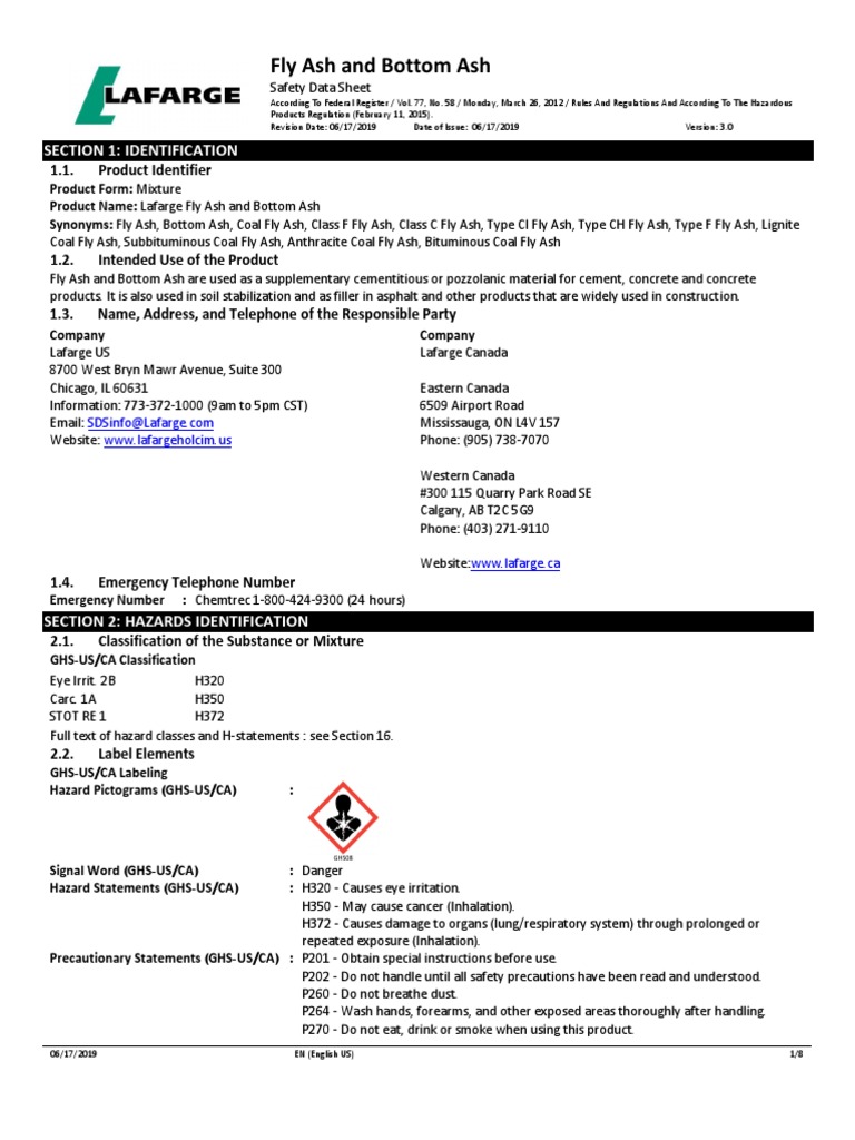 Fly Ash and Bottom Ash Safety Data Sheet Provides Cancer Warning | PDF ...