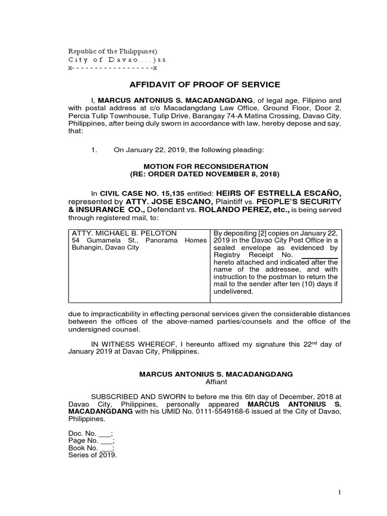 affidavit of proof of service