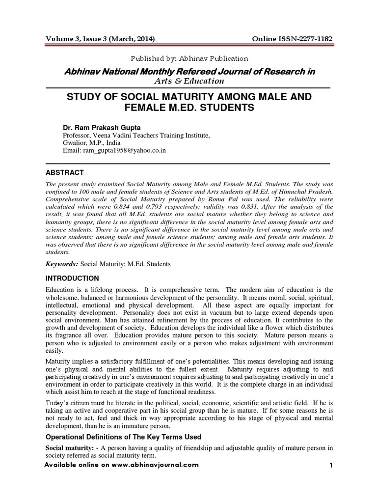 Study of Social Maturity Among Male and Female M.Ed. Students | PDF | P ...