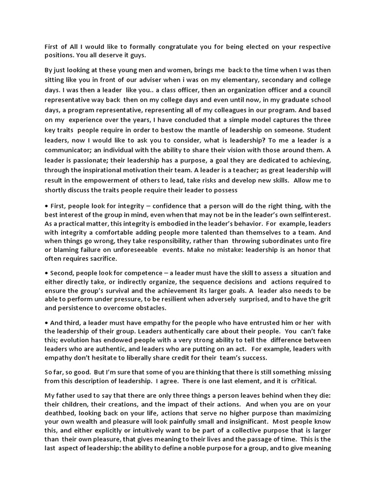 Leadership Speech | PDF | Leadership | Psychology