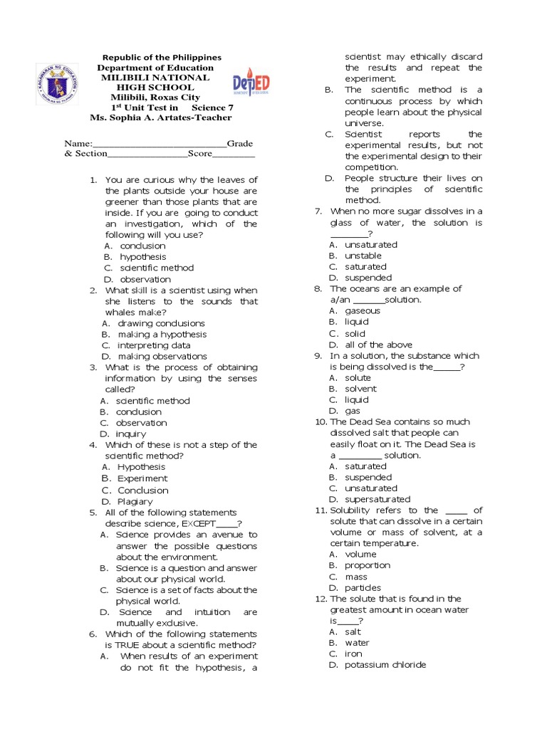 1st Unit Test Science 7 | PDF | Solution | Solubility