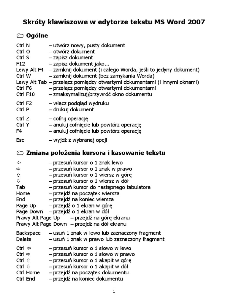 Skróty Klawiszowe W Wordzie 2007 | PDF Skróty Klawiszowe W Wordzie 2007 | PDF
