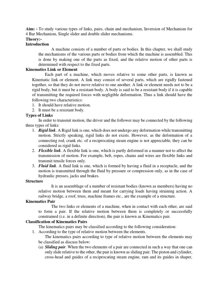 Aim: - To Study Various Types of Links, Pairs, Chain and Mechanism ...