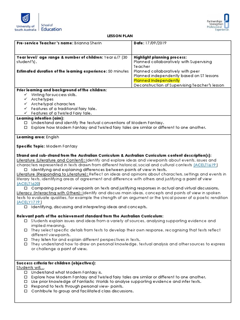 English Lesson Plan Modern Fantasy | PDF | Narrative | Curriculum