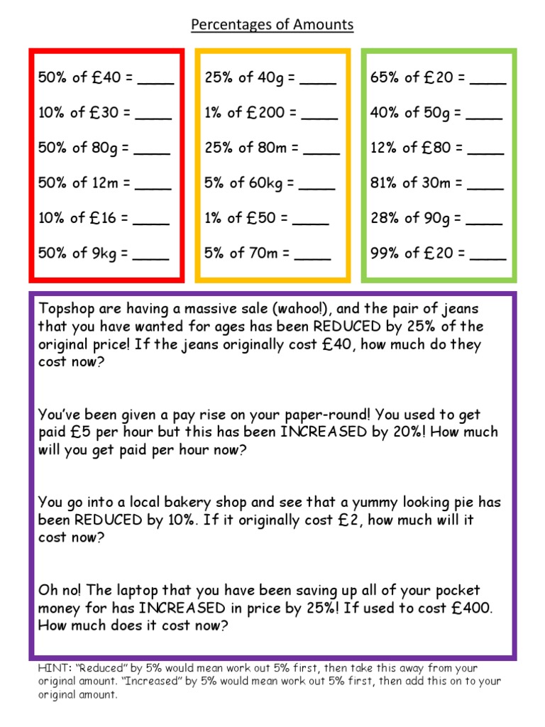 Percentages of Amounts Worksheet | PDF
