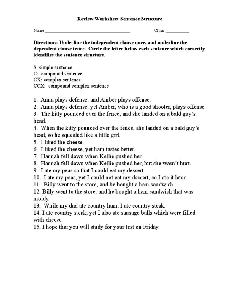 Sentence Structure Review Worksheet | PDF | English Grammar ...