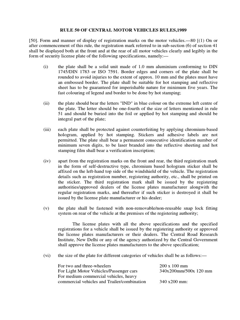 Rule 50 of Central Motor Vehicles Rules, 1989 | PDF | Vehicle ...