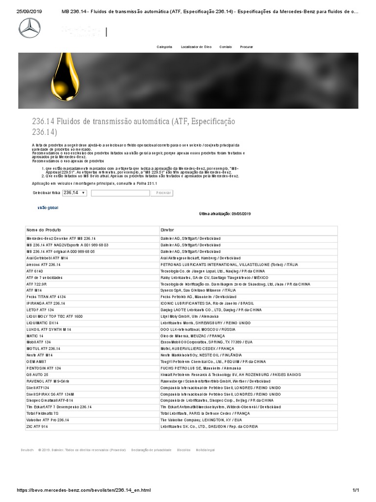 MB 236.14 - Fluidos de Transmissão Automática (ATF, Especificação 236. ...
