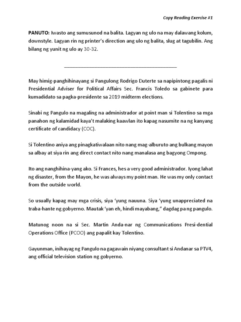 Copyreading Filipino Exercises | PDF