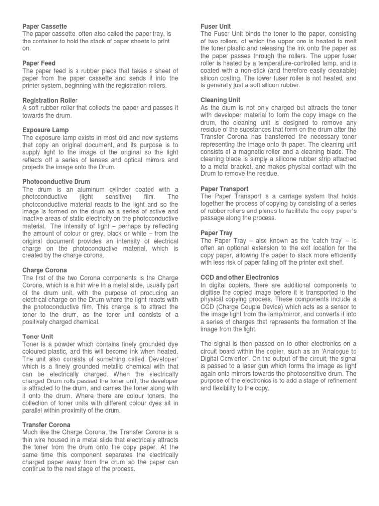 Parts of a Photocopy Machine Explained | PDF | Optics | Equipment