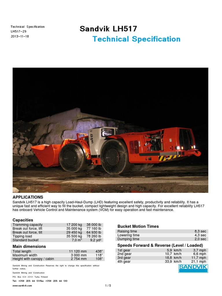 Sandvik LH517 Technical Specification Summary | PDF | Transmission ...