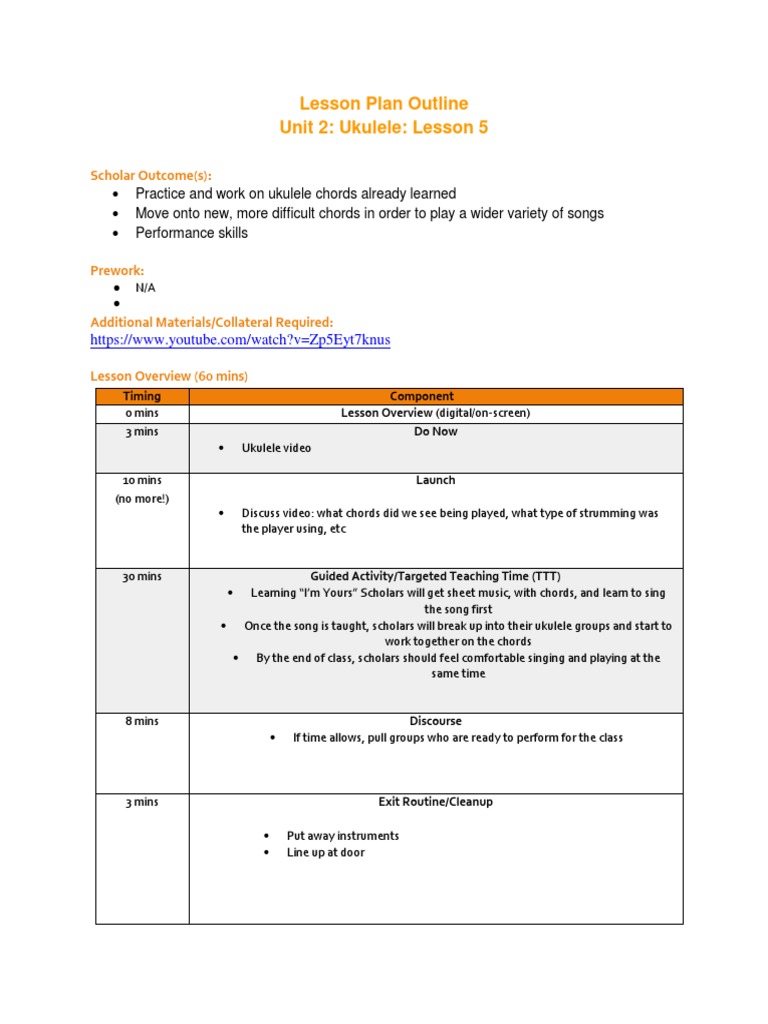 Lesson Plan Outline Unit 2: Ukulele: Lesson 5 | PDF