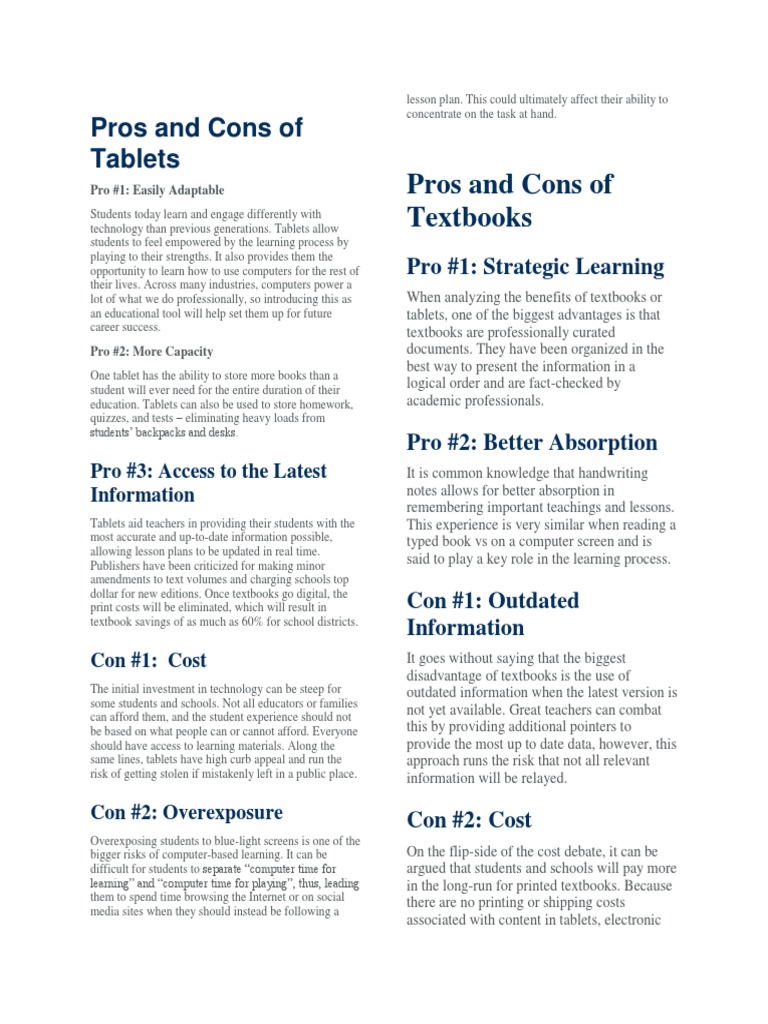 Tablets Vs Textbooks Pros And Cons