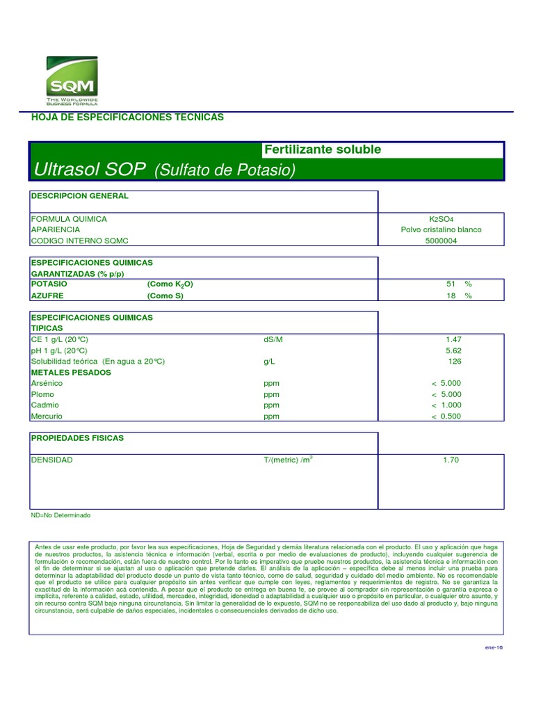 Ficha Tecnica Ultrasol Sop | PDF | Fertilizante | Sustancias químicas