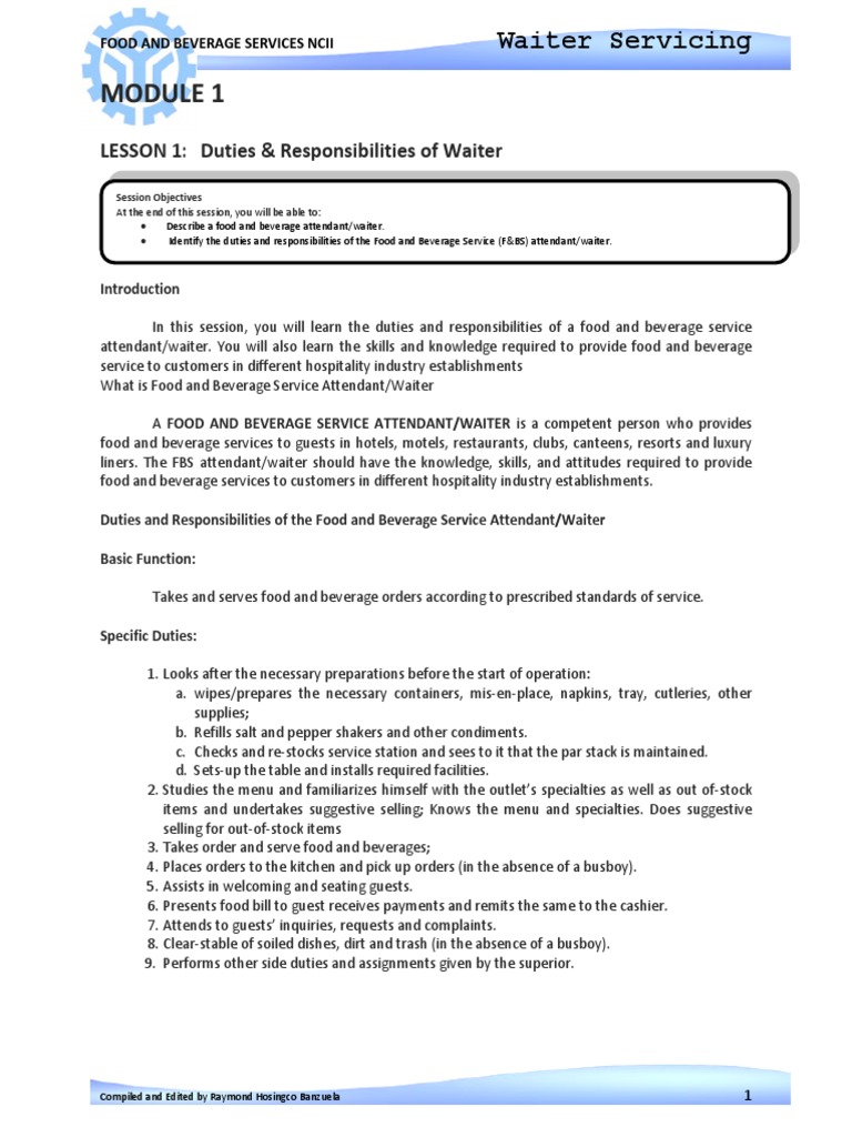 Waiter Servicing: LESSON 1: Duties & Responsibilities of Waiter ...