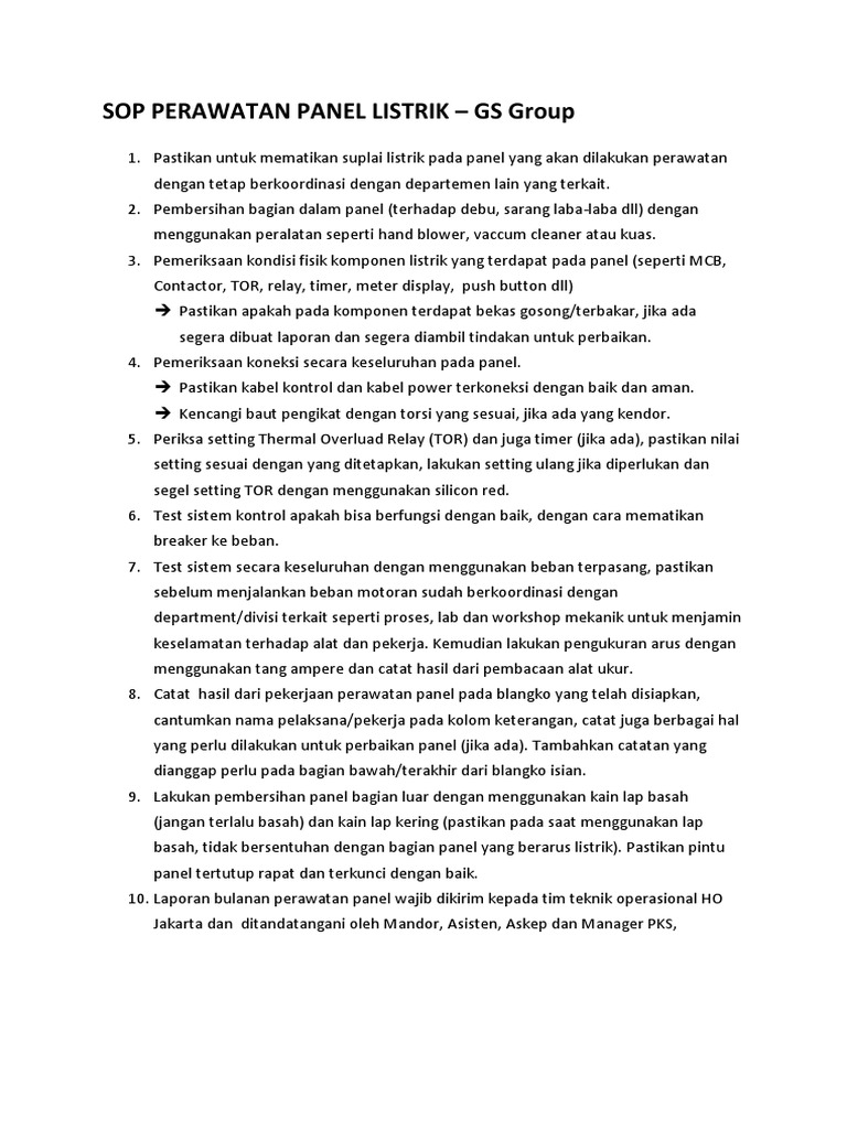 SOP Perawatan Panel Rev | PDF