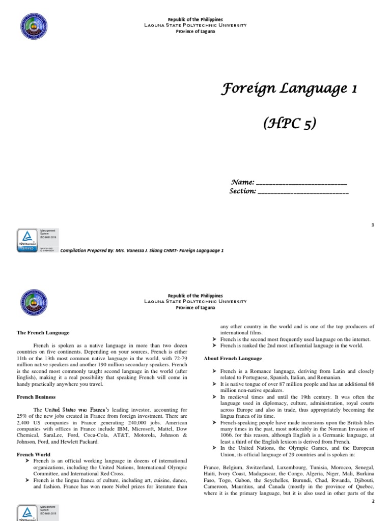Foreign Language 1 (HPC 5) : Republic of The Philippines Laguna State ...