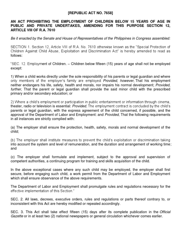 Ra 7658 | PDF | Legal Guardian | Employment