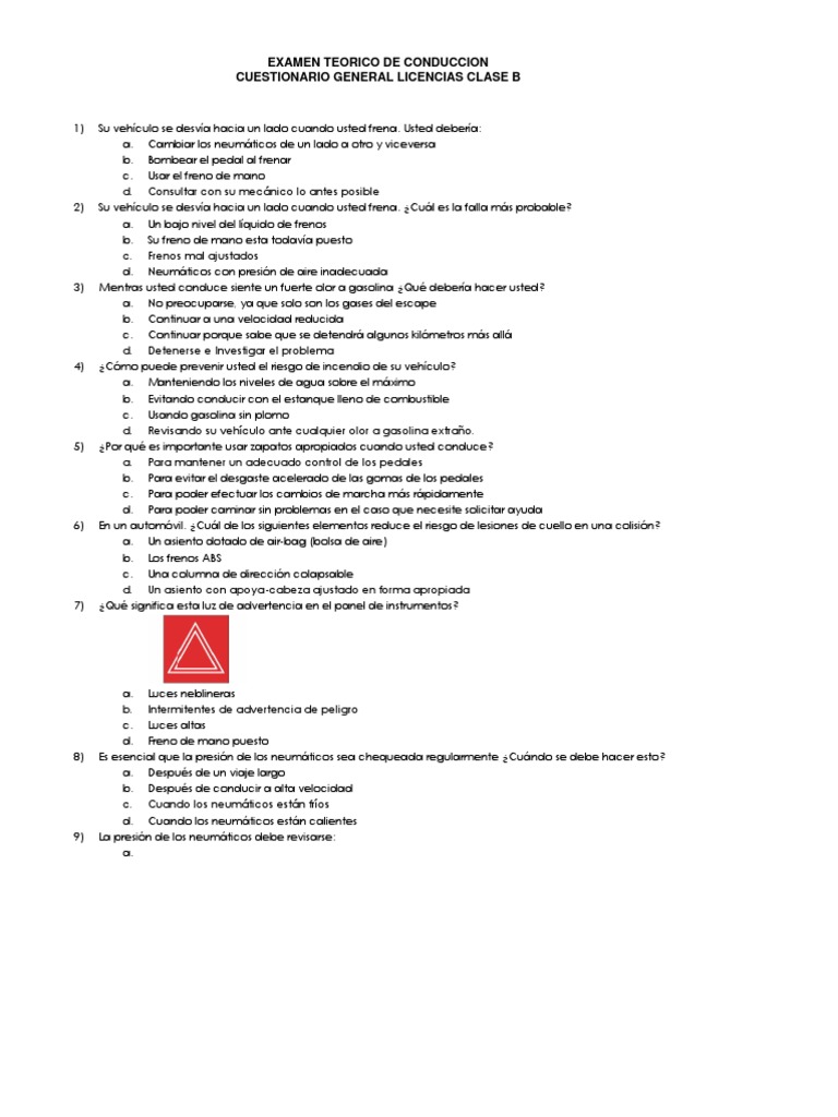 Examen Teorico Licencia Clase B | PDF | Neumático | Airbag