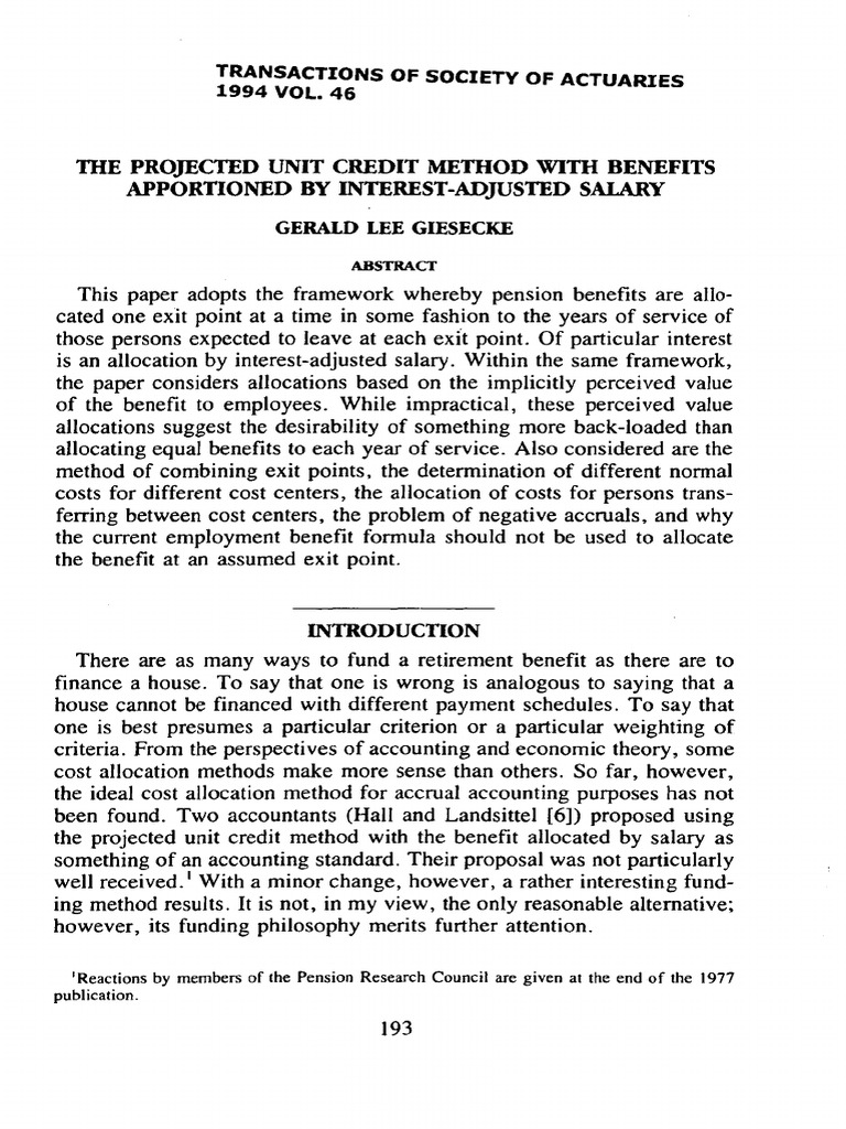 The Projected Unit Credit Method | PDF | Retirement | Pension