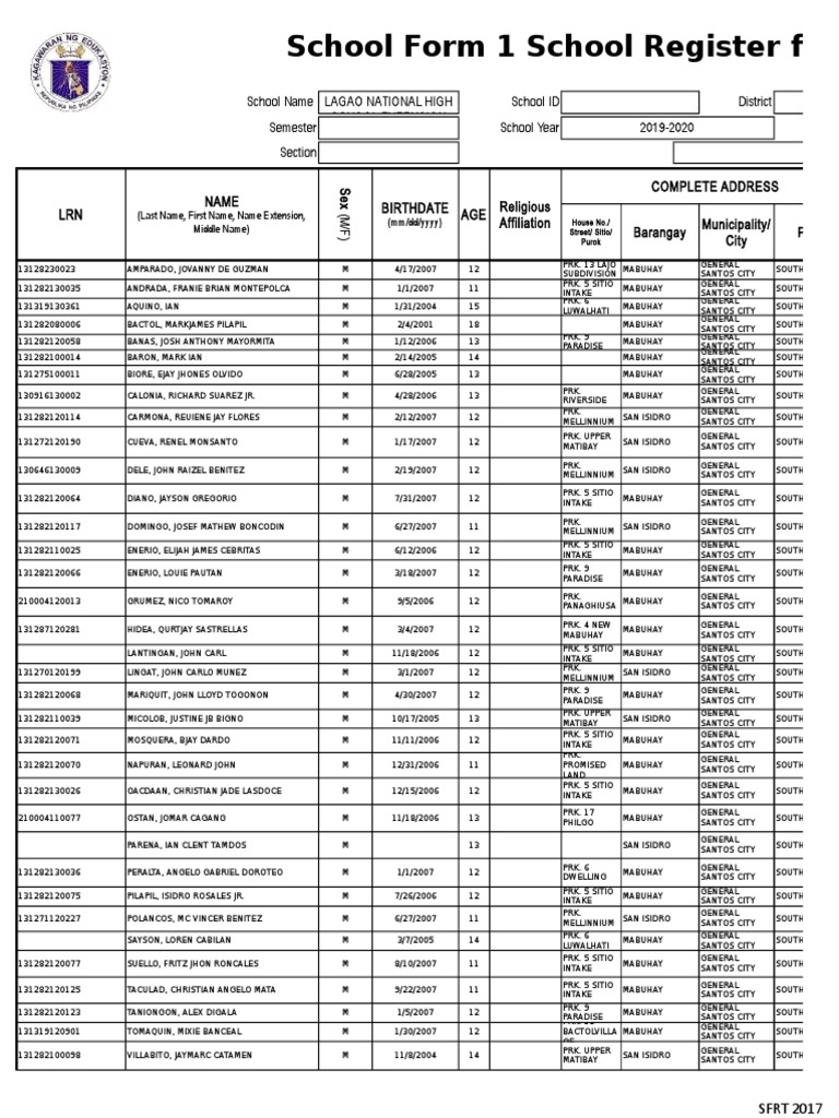School Form 1 School Register For Junior High School (SF1-JHS ...