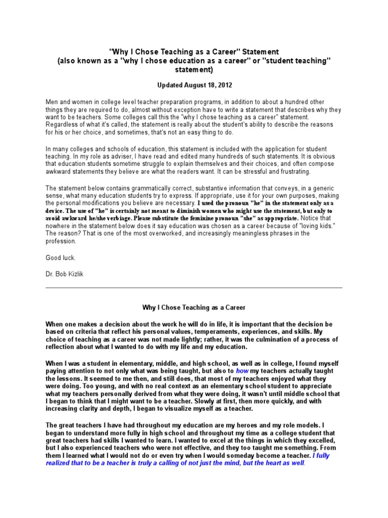 Why I Chose Teaching as a Career | PDF | Teachers | Behavior Modification