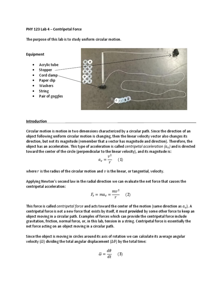 Phy 1 23 Lab 4 - Centripetal Force | PDF | Acceleration | Geometric Measurement