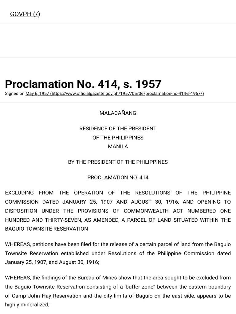 Proclamation No 414 S 1957 | PDF | President Of The Philippines | World ...