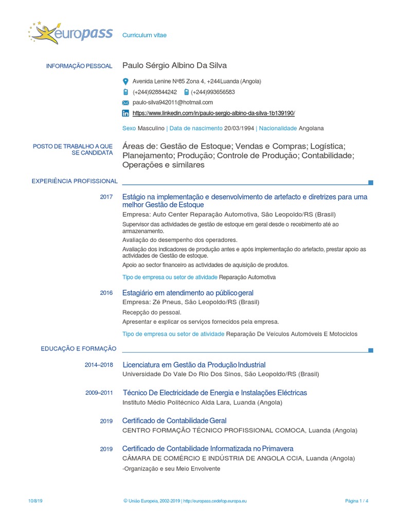 Curriculum Vitae Actualizado 2019 Versão Final Sem Foto | PDF | Angola ...